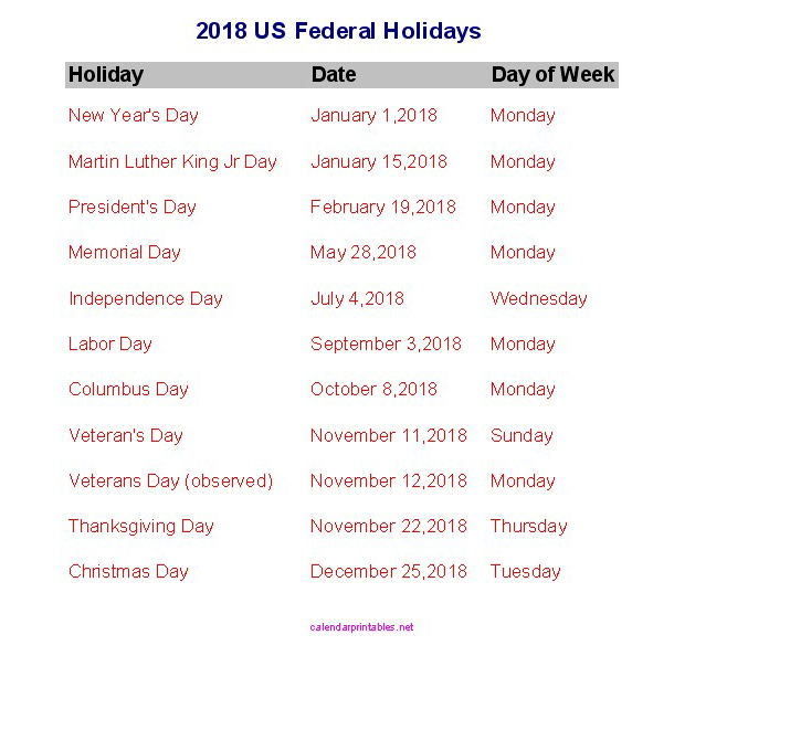 Print a List of holidays| Calendarprintables.net